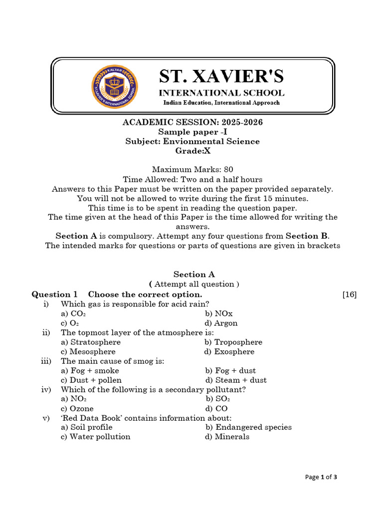 ACADEMIC SESSION: 2025-2026 Sample Paper - I Subject: Envionmental ...