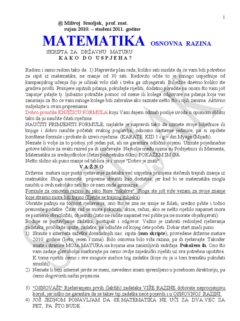Milivoj Smoljak SKRIPTA MATEMATIKA - Osnovna Razina | PDF