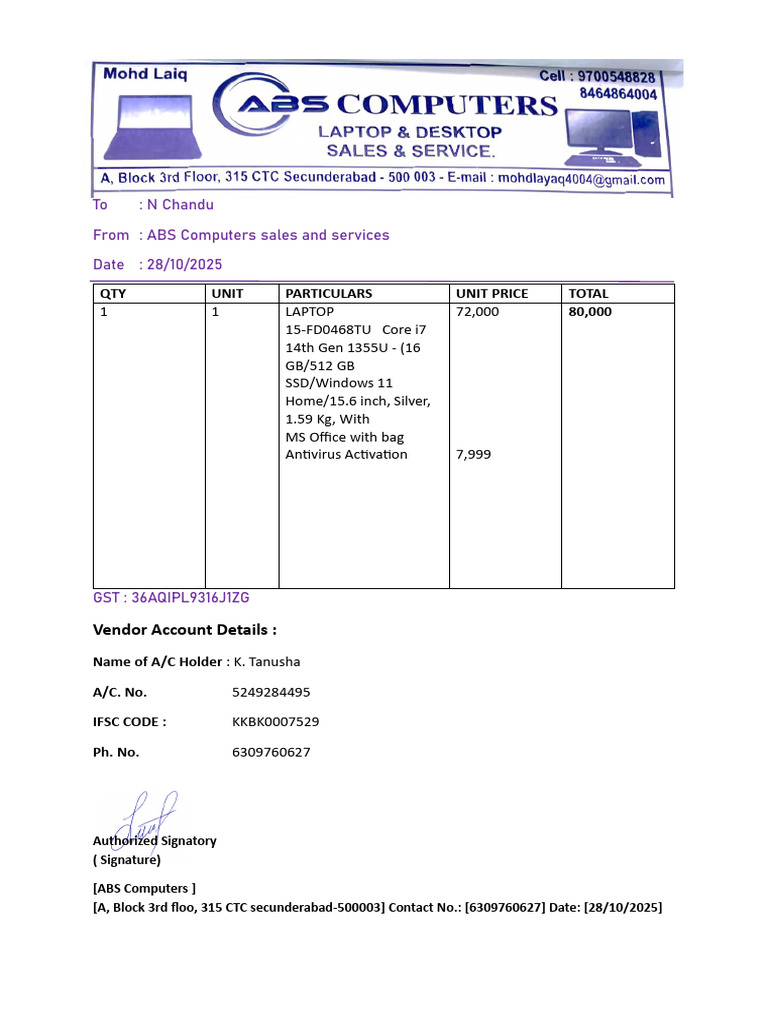 Laptop Purchase Invoice - ABS Computers | PDF