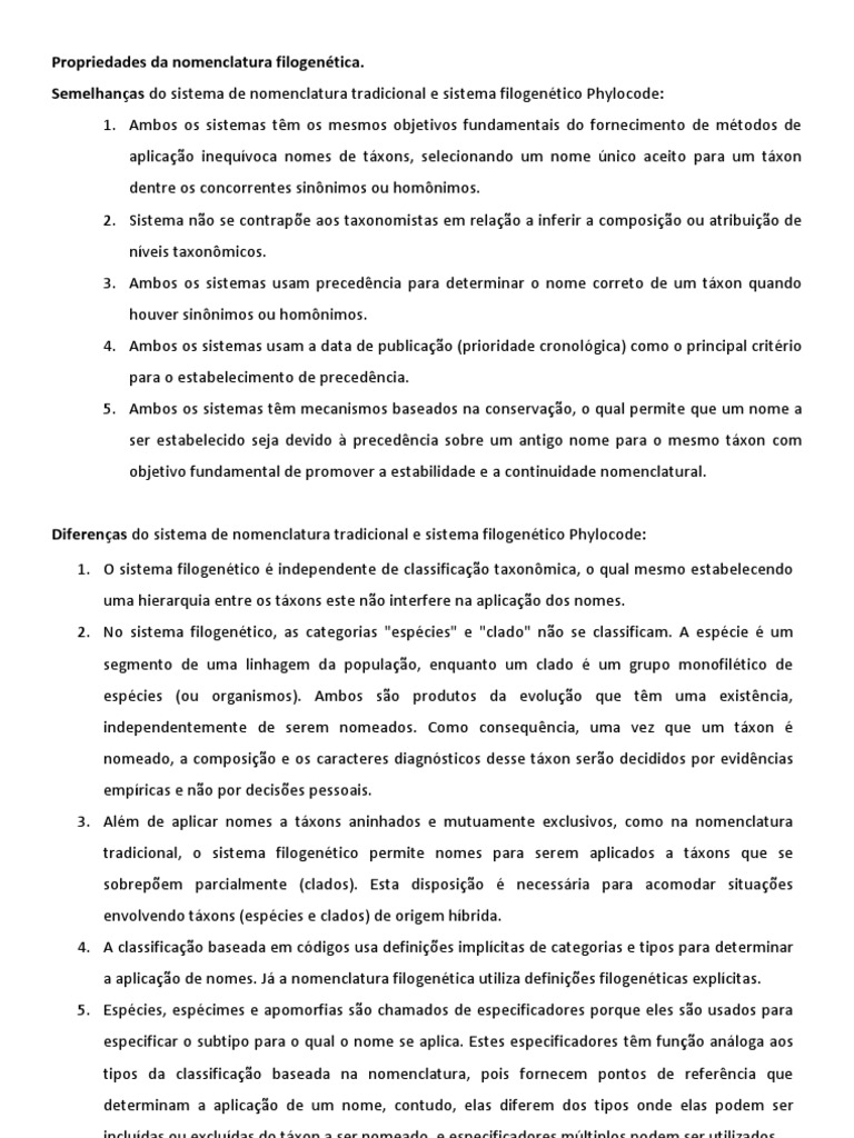 Resumo Phylocode | PDF | Taxonomia (Biologia) | Espécies