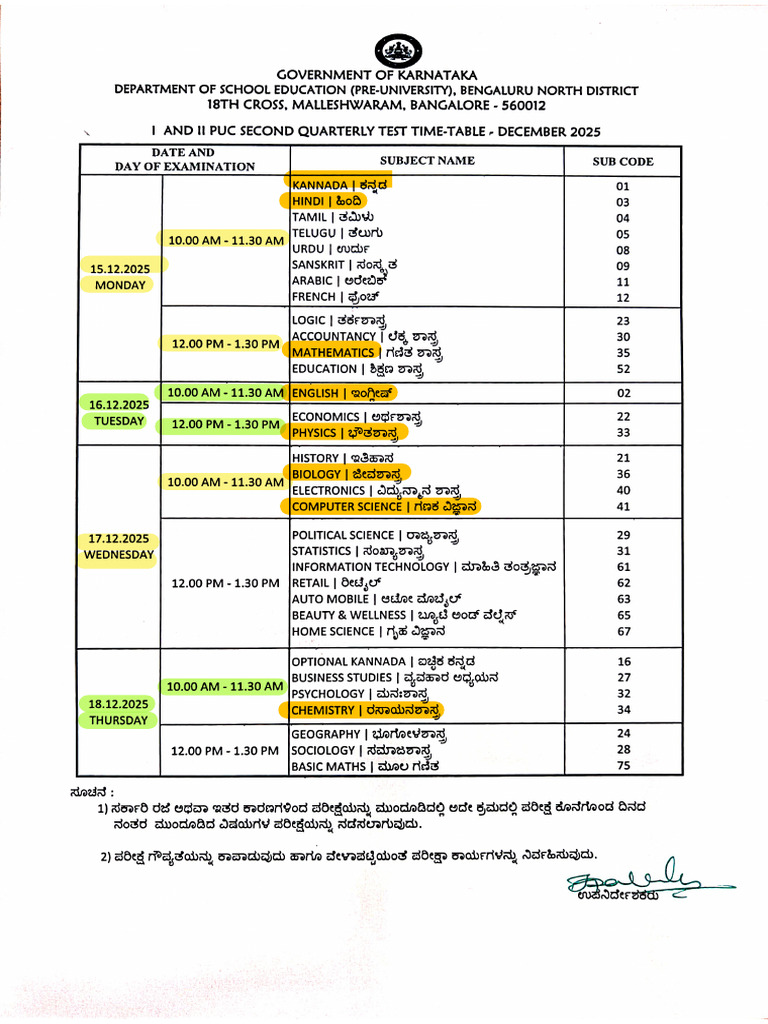 I PUC - II Quarterly Test Time Table | PDF