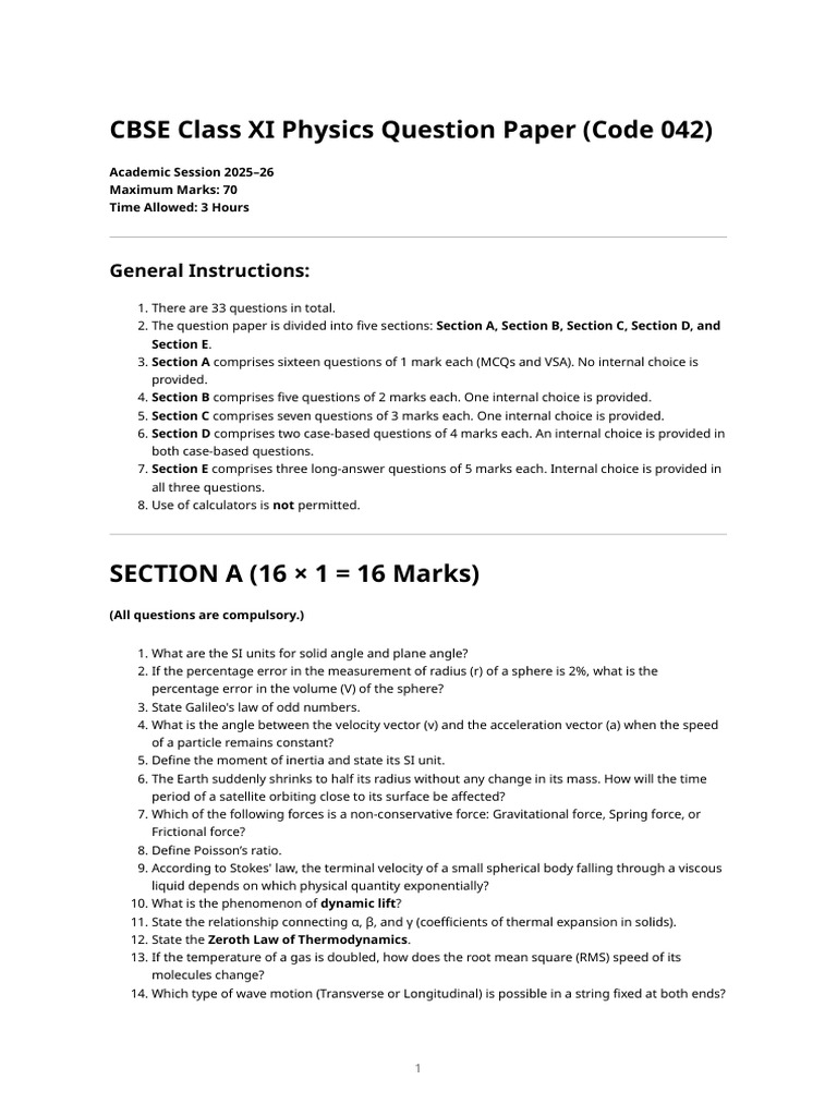 Cbse Class11 Physics QP | PDF | Gases | Force
