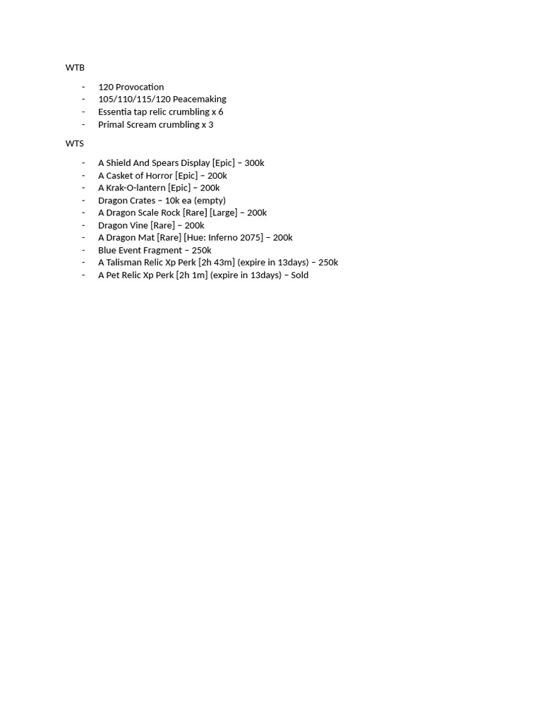 WTB/WTS Epic Items and Relics List | PDF