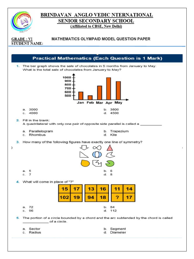 Maths Sample Paper Grade-6 | PDF