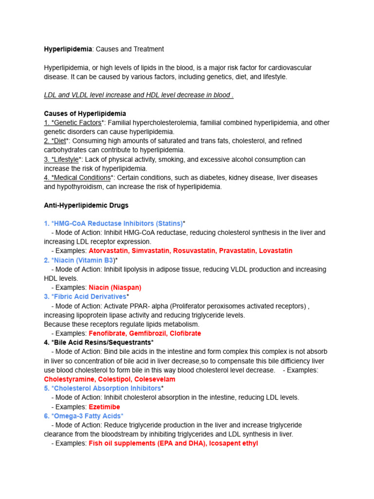 Hyperlipidemia- Causes and Treatment | PDF | Cholesterol | Lipid