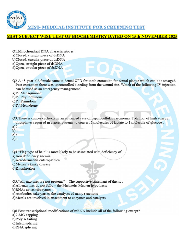 Mist Biochemistry - 15th November 2025 | PDF | Glycolysis | Biochemistry