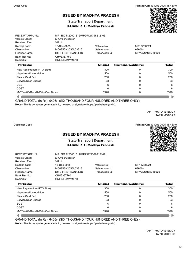 Vipul Tvs Tax | PDF | Receipt | Fee