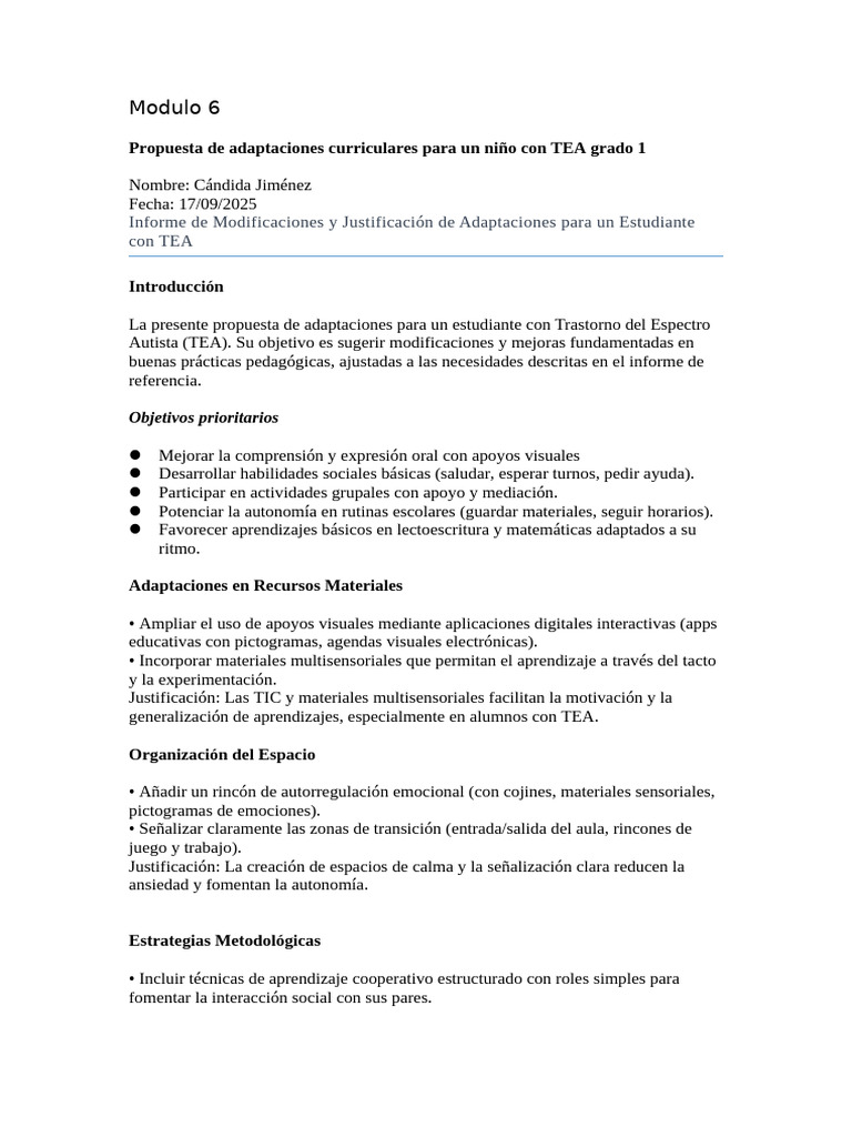 Adaptaciones Curriculares para TEA Grado 1 | PDF | Autismo | Aprendizaje