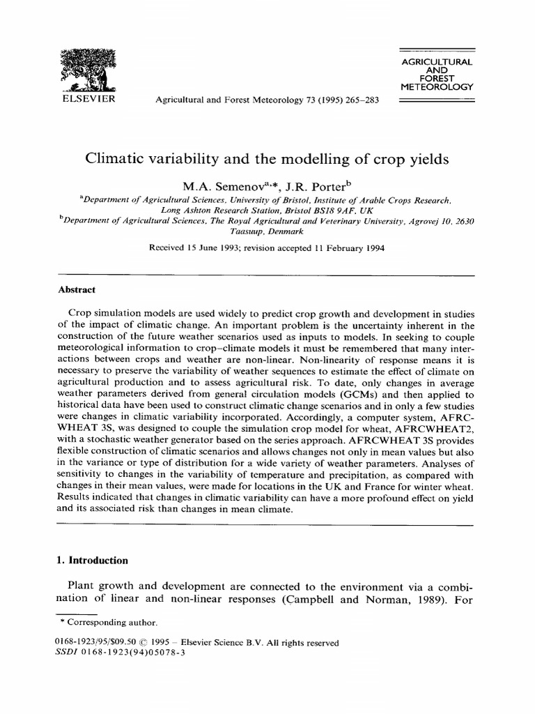 Climate Variability and The Modeling of Crop Yield | PDF