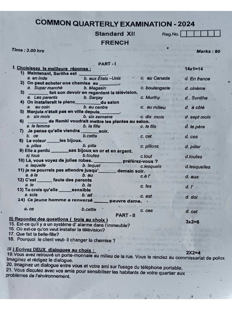 12th French Quarterly Exam 2024 Common Original Question Paper Mrs ...