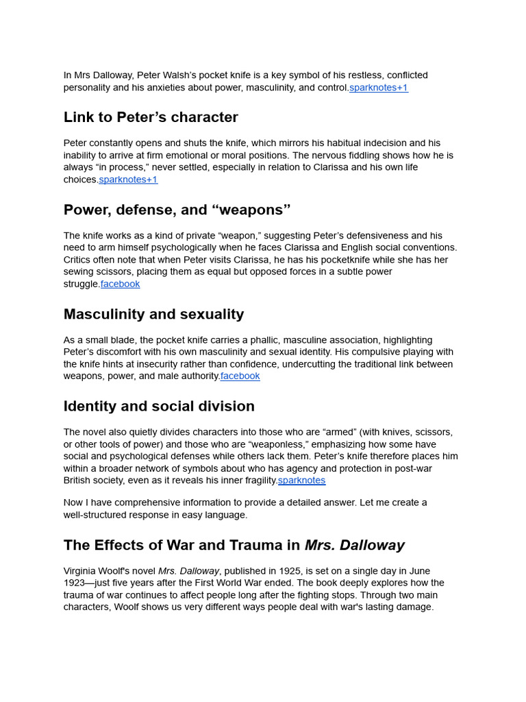 20th Cen Novel Assignment | PDF | Mrs Dalloway | Psychology
