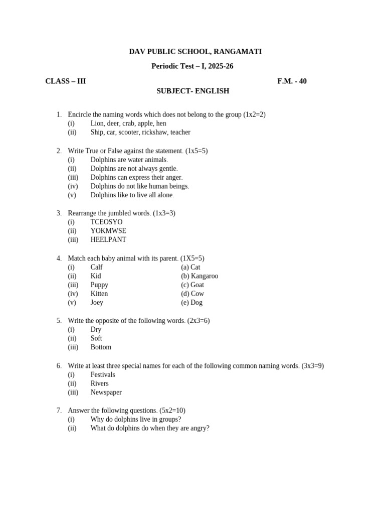 Class III English Periodic Test 2025-26 | PDF