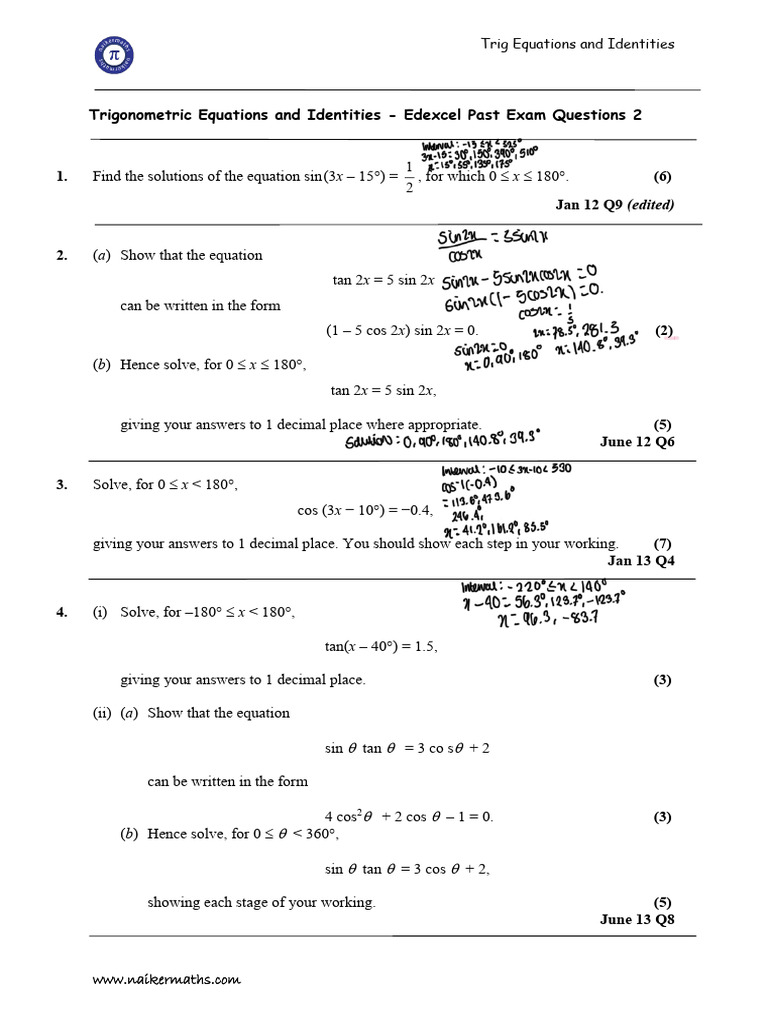 Trigonometric Equations & Identities Guide | PDF | Equations ...