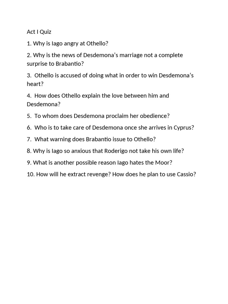 Othello Act Quizzes: Key Questions & Insights | PDF | Othello | Desdemona