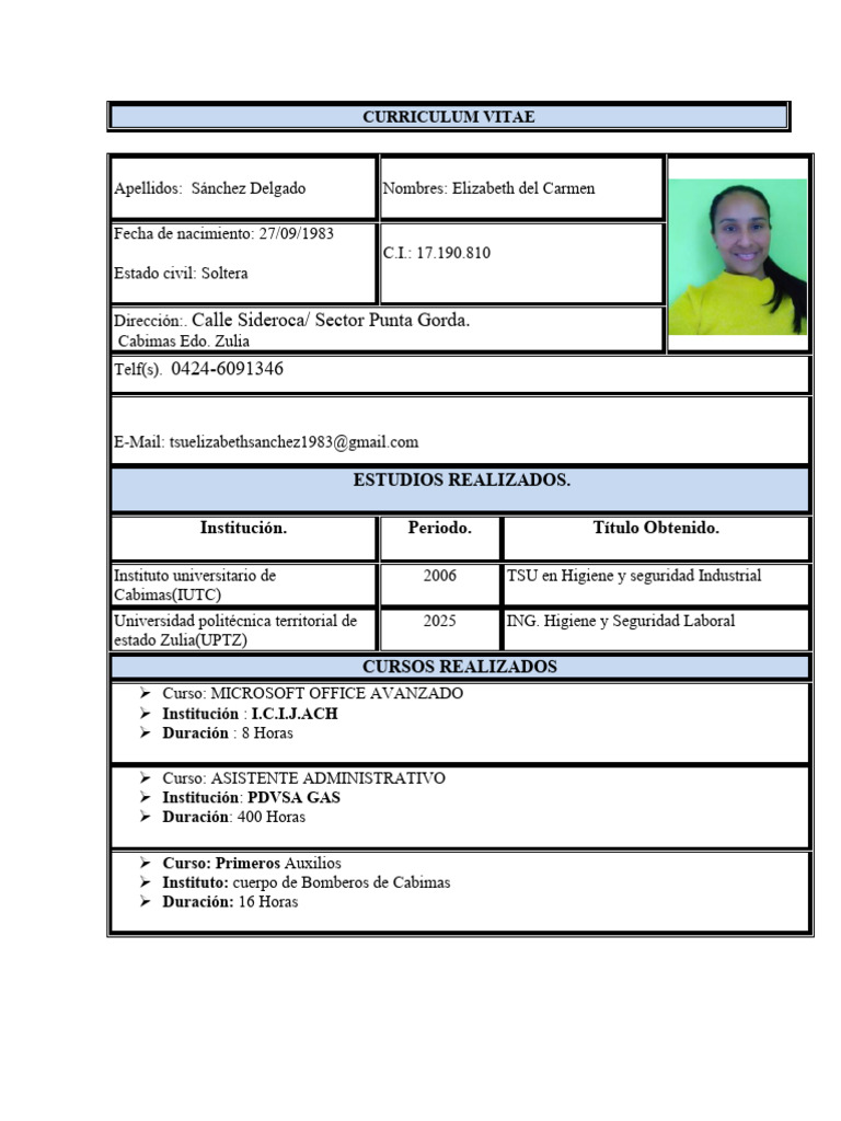 Curriculum Vitae de Elizabeth Sánchez | PDF
