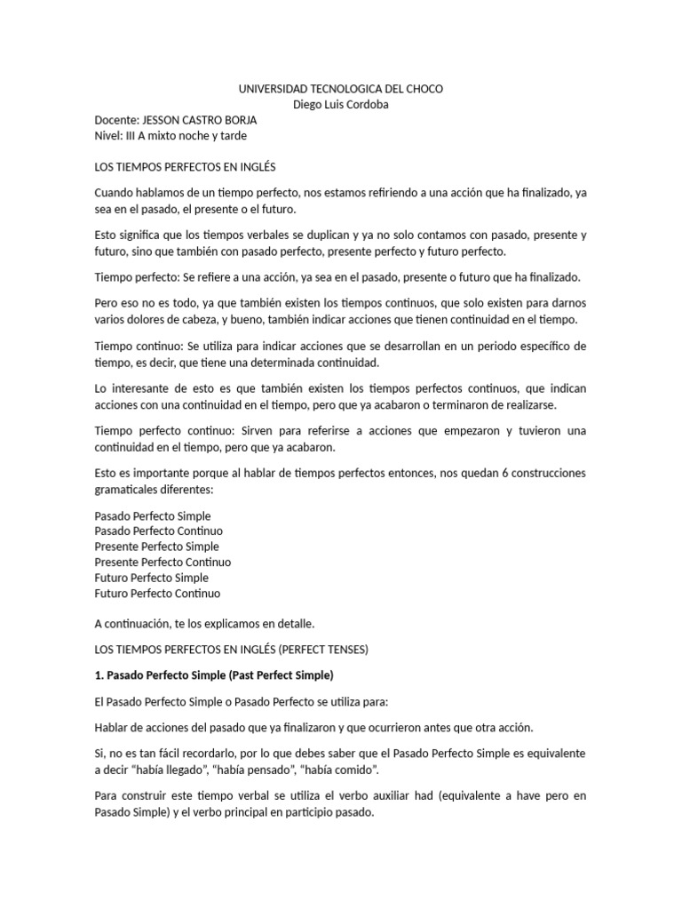 Tiempos Perfectos en Inglés: Guía Completa | PDF | Verbo | Mecánica del ...