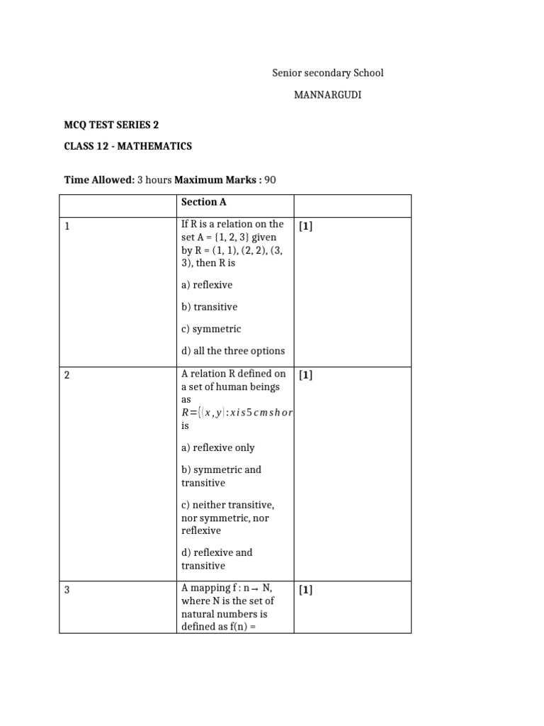 Class 12 Mathematics MCQ Test Series | PDF | Function (Mathematics ...