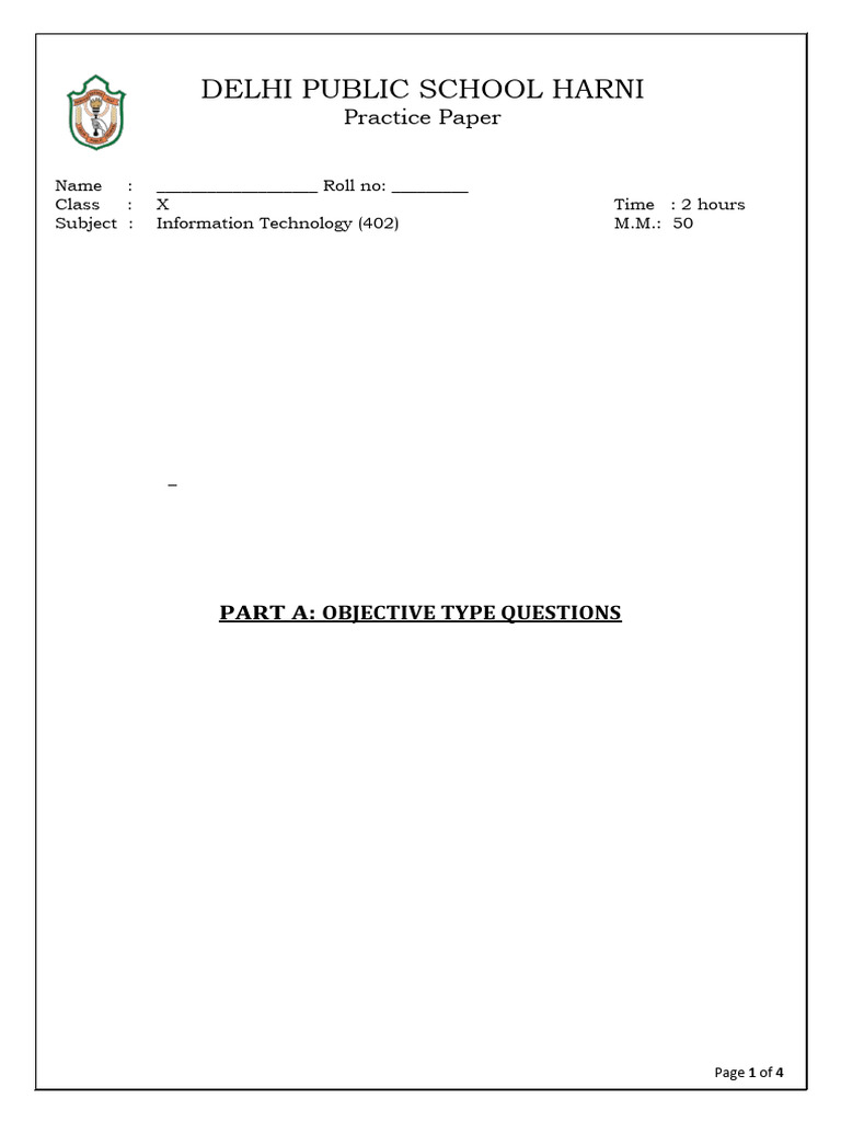 Class X IT Practice Paper - DPS Harni | PDF