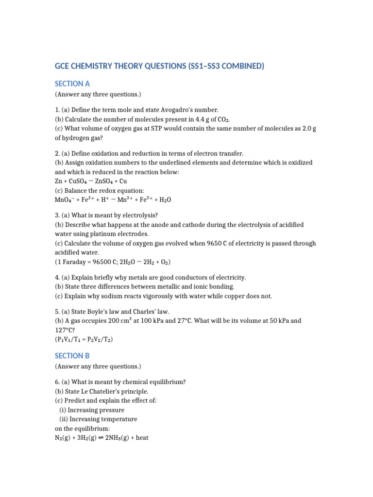 GCE_Chemistry_Theory_Questions_SS1_SS3 | PDF | Redox | Chemical Reactions
