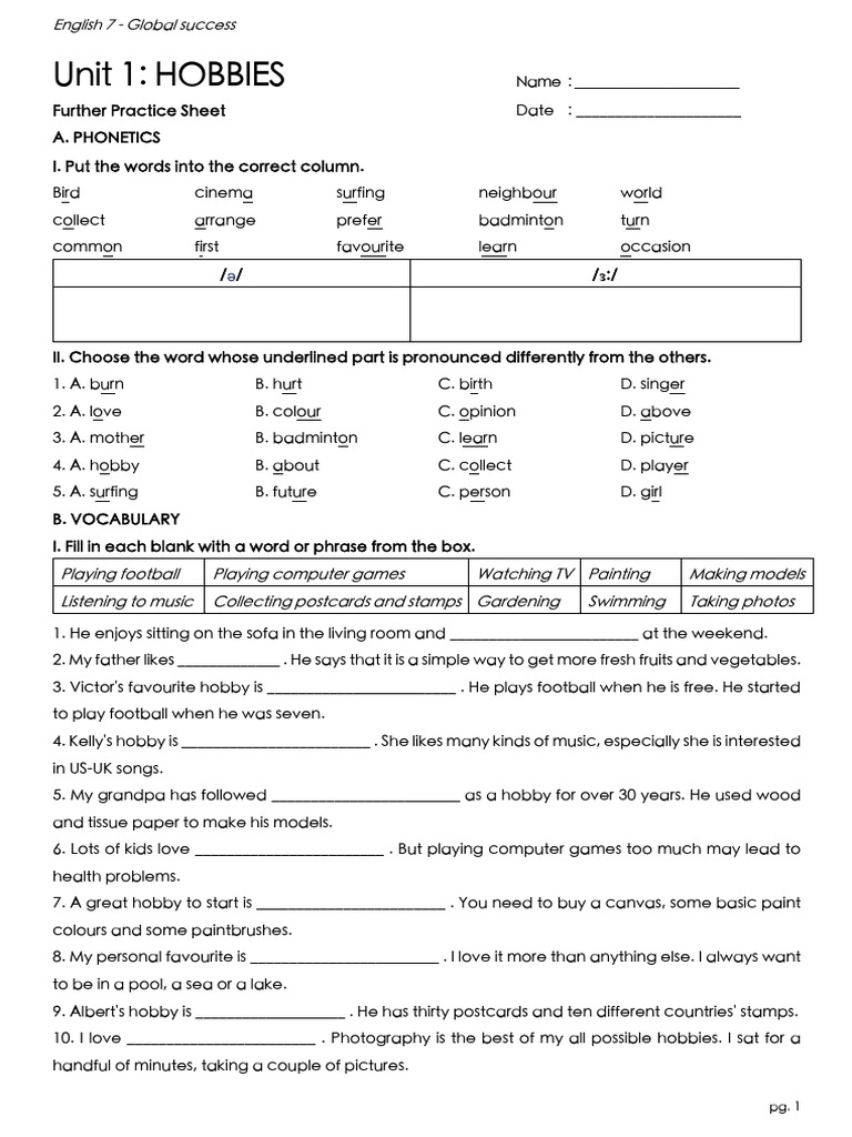 UNIT 1 copy | PDF | Hobbies