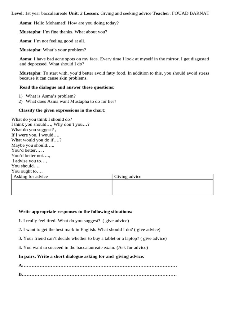 Giving and Seeking Advice Lesson Plan | PDF
