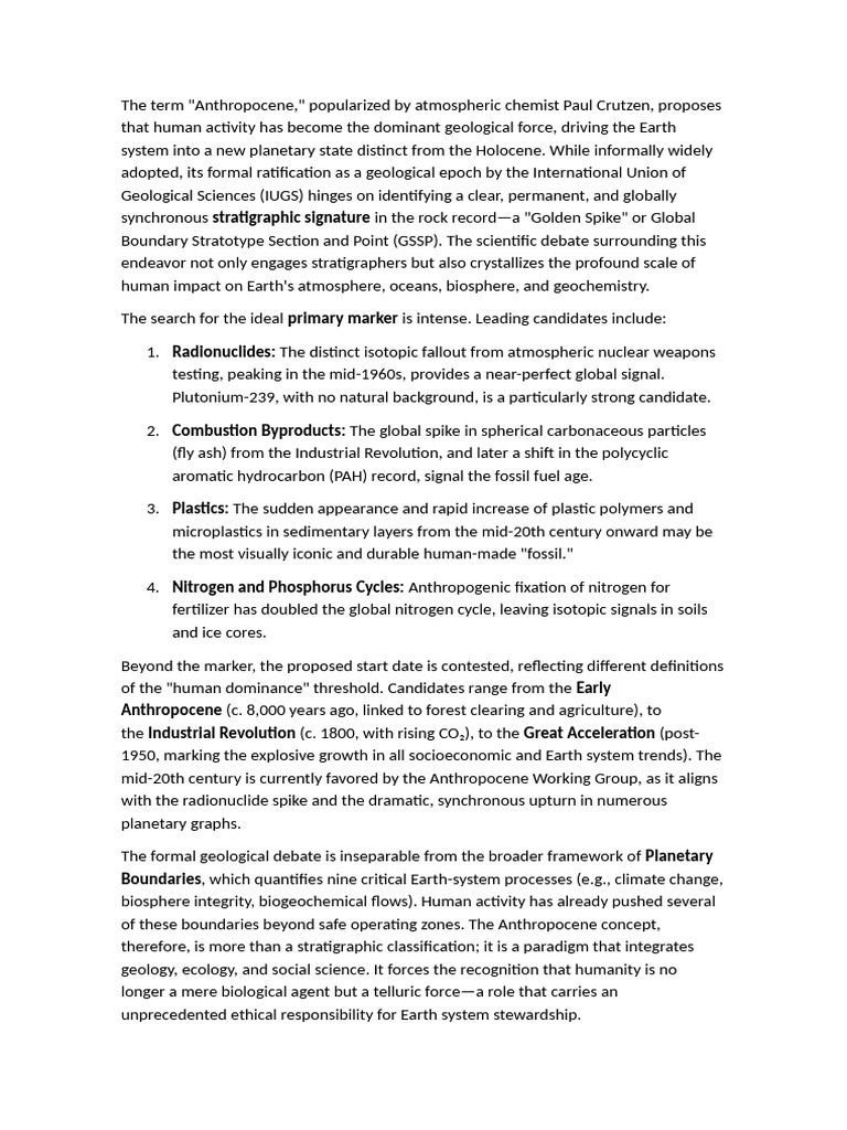The Anthropocene as a Geological Epoch Stratigraphic Signatures and ...