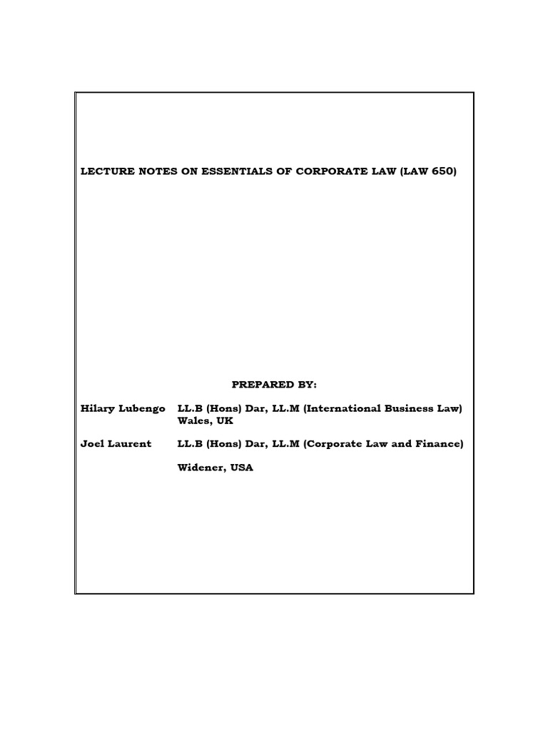 Essentials of Corporate Law Notes | PDF | Common Law | Corporations