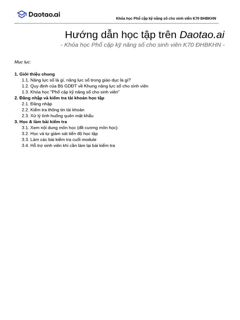 Hướng dẫn daotao.ai - cho SV K70 BKHN | PDF