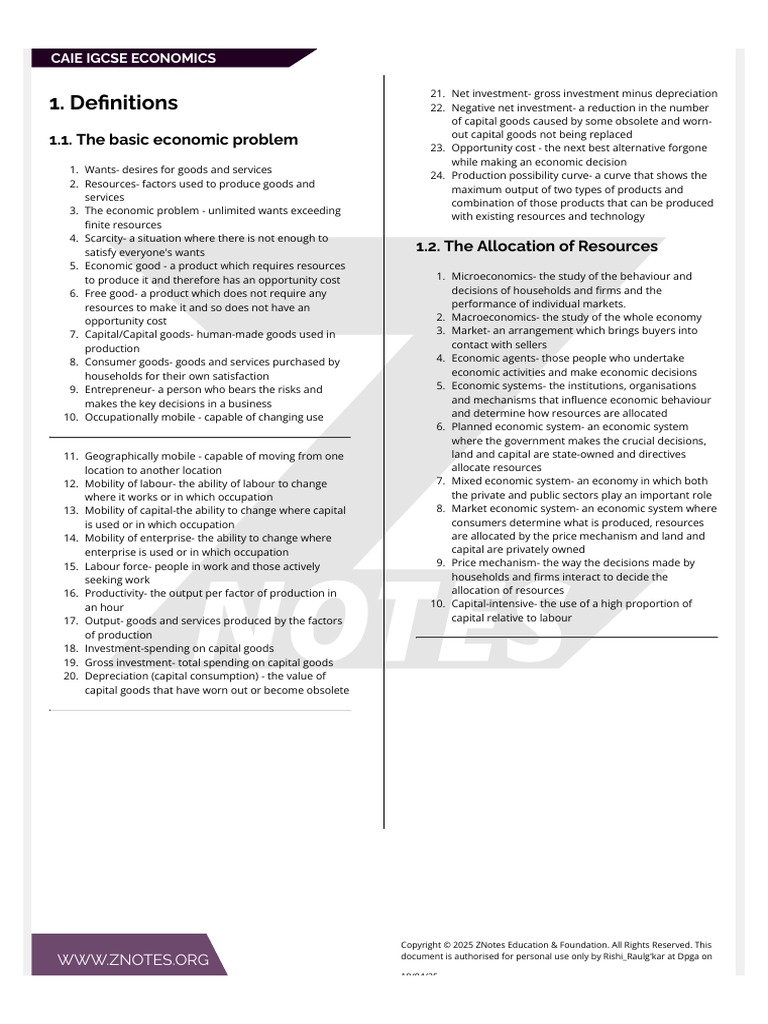 CAIE IGCSE Economics Definitions | PDF | Unemployment | Demand