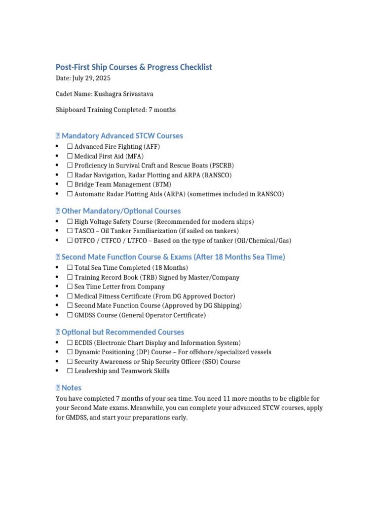 Cadet Progress Checklist for STCW Courses | PDF