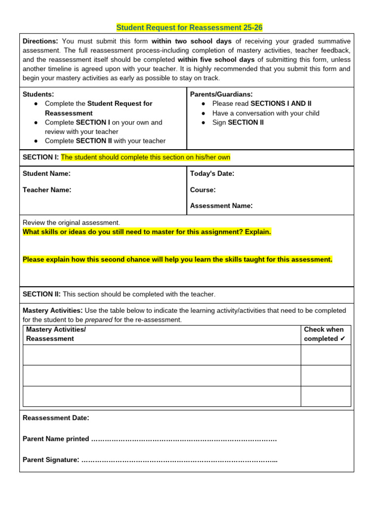 Student Reassessment Request Form 25-26 | PDF