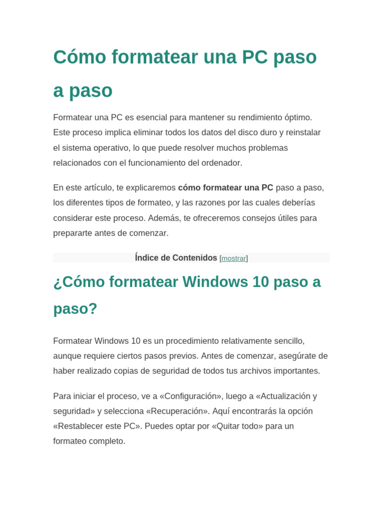 Guía para formatear una PC paso a paso | PDF | Windows 10 | Microsoft ...
