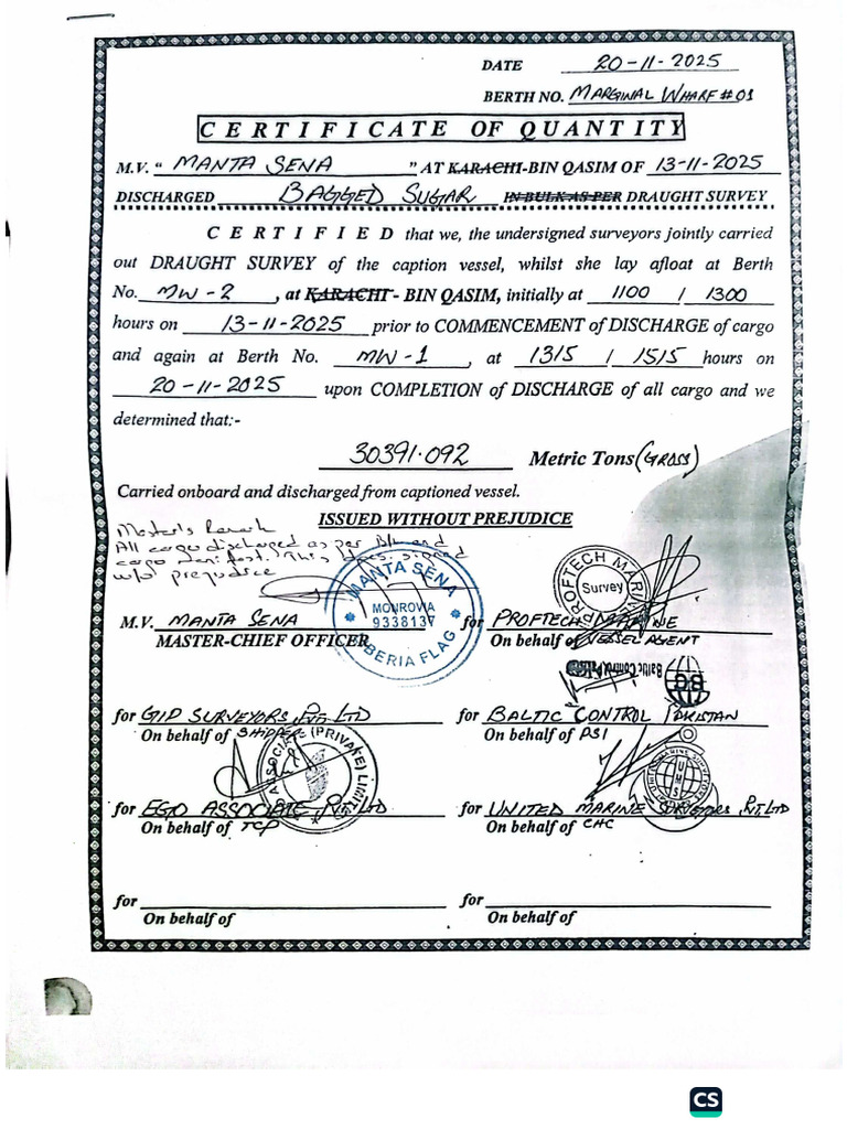 Final Draft Survey+Quantity Certificate_Manta Sena_Bin Qasim | PDF