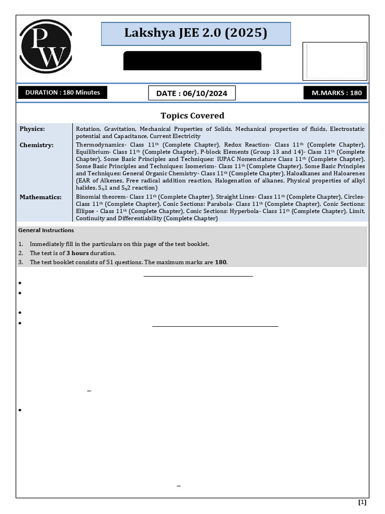 JEE Advanced Test 2025: Physics, Chemistry, Math | PDF | Orbit | Force