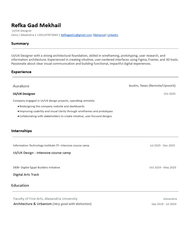 Refka Gad Mekhail UIUXdesigner ATS CV IVY | PDF