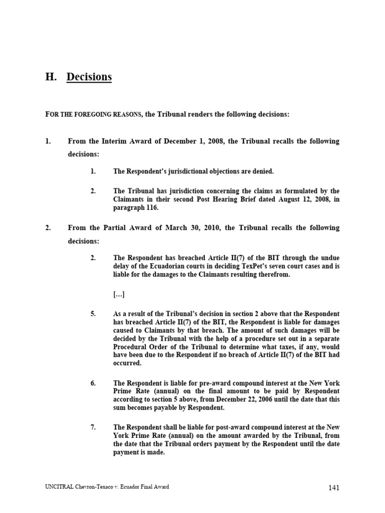 Chevron-Texaco v. Ecuador Final Award Analysis | PDF
