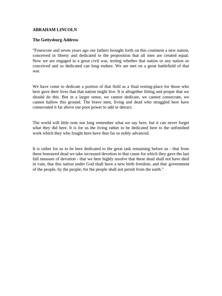 ABRAHAM LINCOLN the Gettysburg Address | PDF