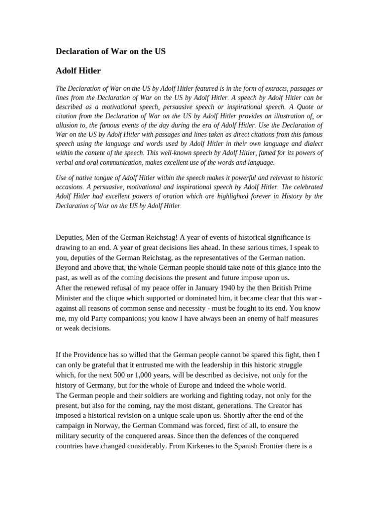Hitler's Declaration of War on the US | PDF | Nazi Germany | Europe