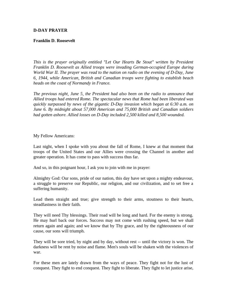 D-DAY PRAYER Franklin D. Roosevelt | PDF | Normandy Landings | Allies ...