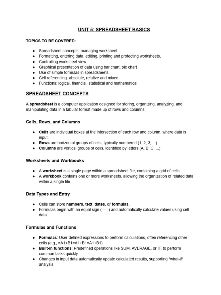 CA-UNIT 5 - Spreadsheet Basics | PDF | Spreadsheet