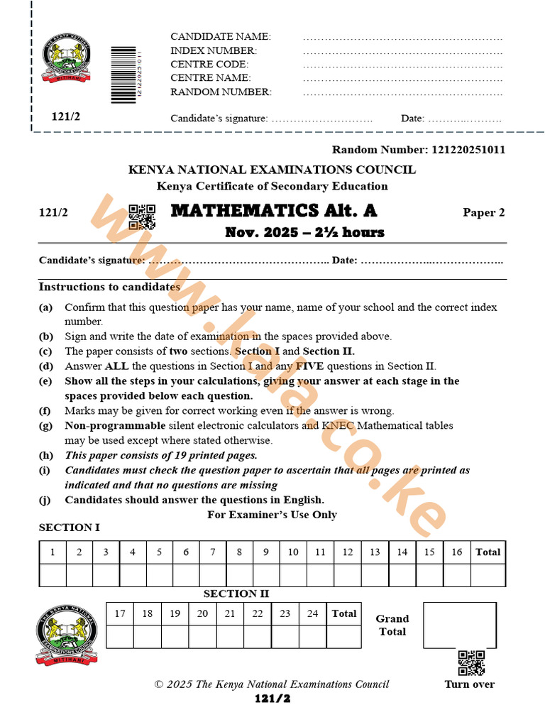 KCSE 2025 Mathematics Paper 2 Exam | PDF | Circle | Area
