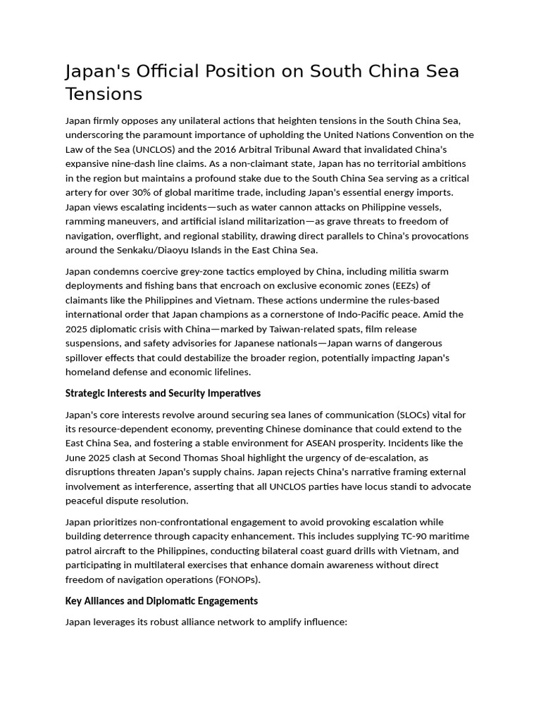 Japan's Stance on South China Sea Tensions | PDF | International ...