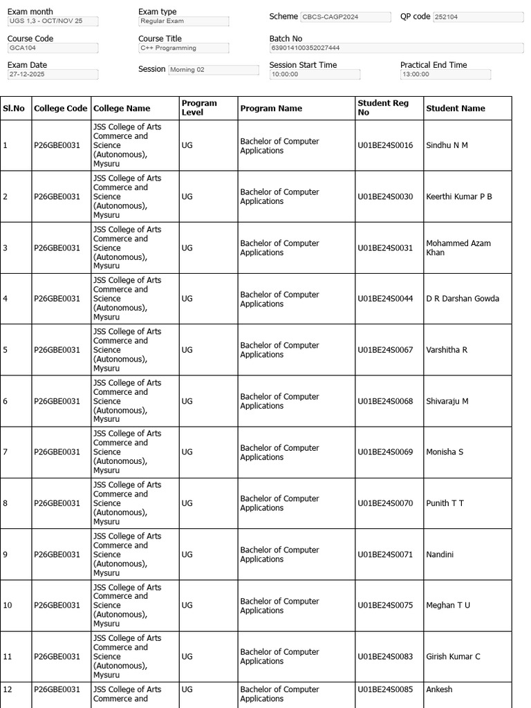 C++ Programming Exam Schedule 2025 | PDF