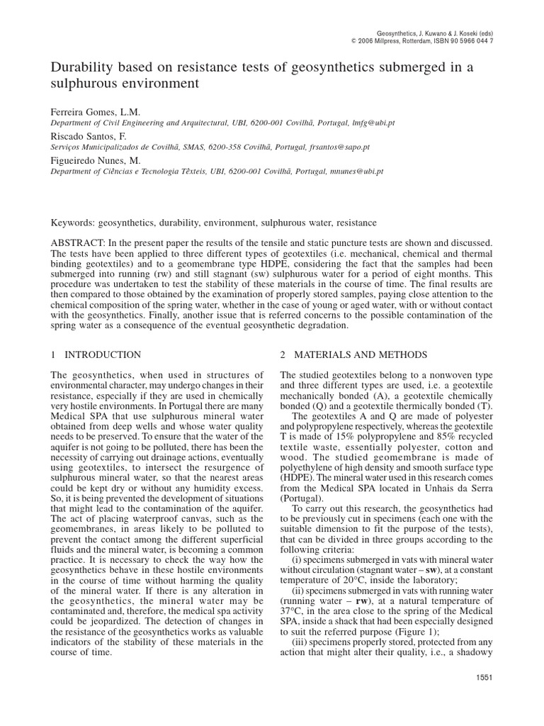 Durability Based On Resistance Tests of Geosynthetics Submerged in A ...