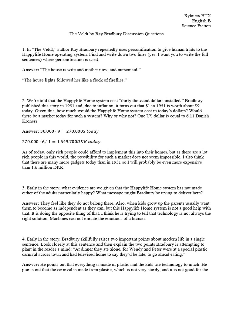 Discussion Questions on "The Veldt" | PDF