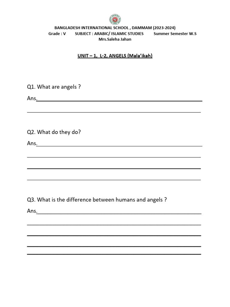 UNIT - 1, L - 2 Angels Ws Grade 5 | PDF