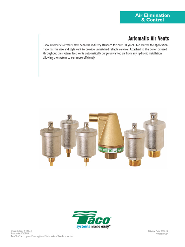 Taco Automatic Air Vents Overview | PDF | Boiler | Valve