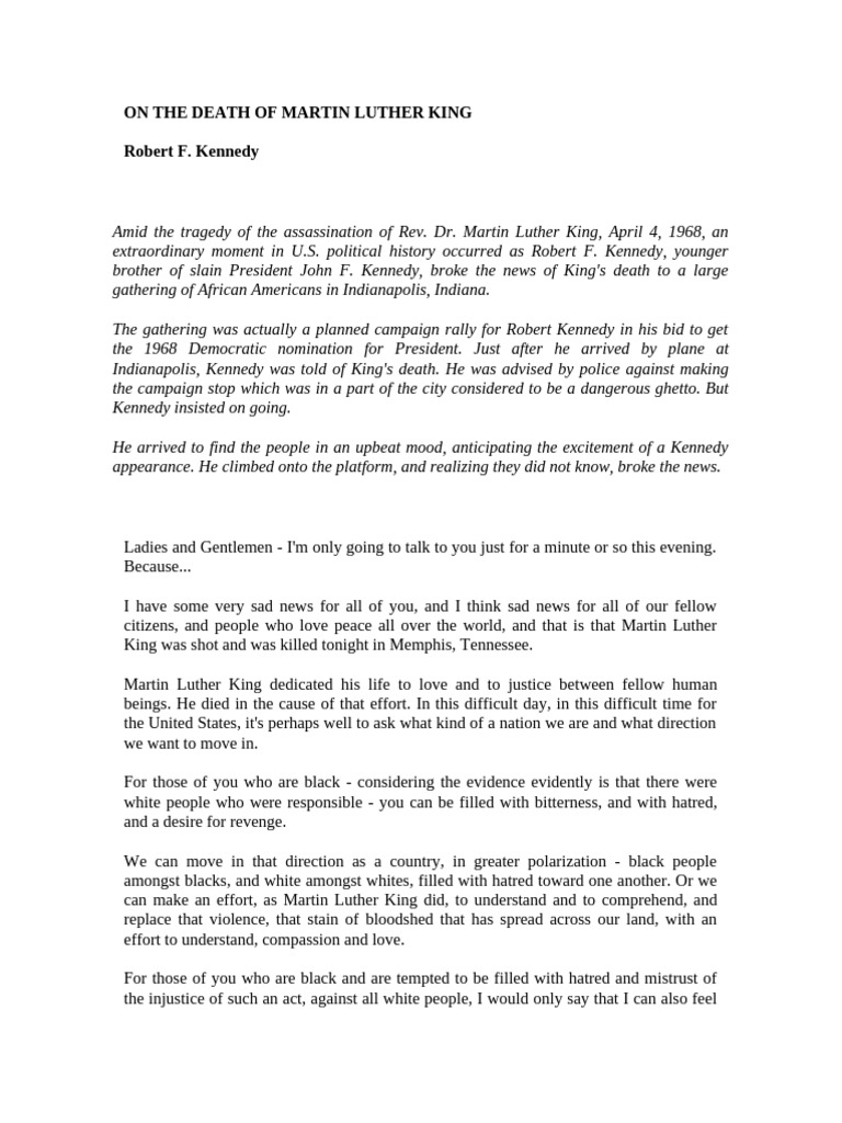 On The Death of Martin Luther King Robert F. Kennedy | PDF | Robert F ...