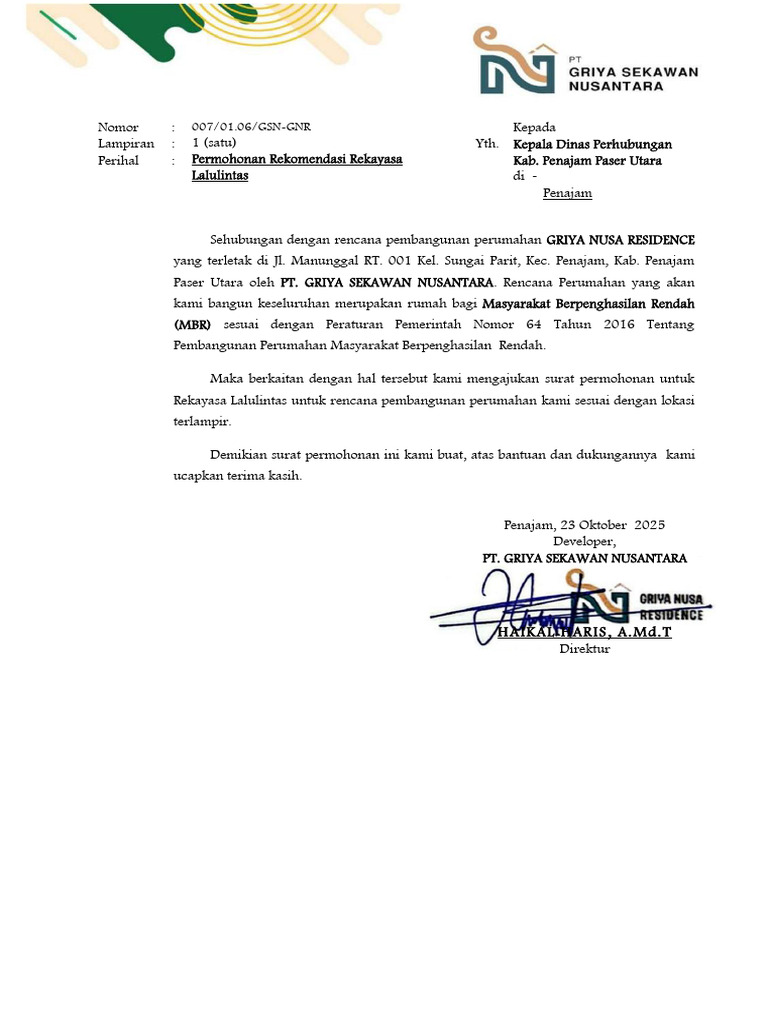 Permohonan MRL - Perum Griya Nusa Residence | PDF
