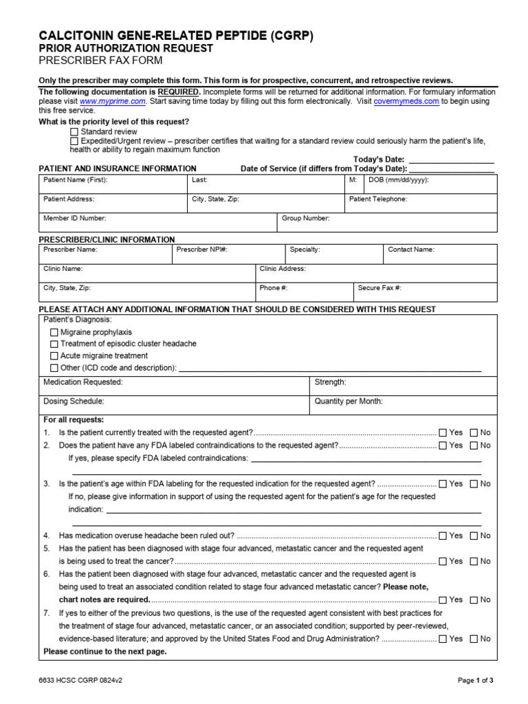 CGRP Prior Authorization Request Form | PDF | Drugs | Clinical Medicine